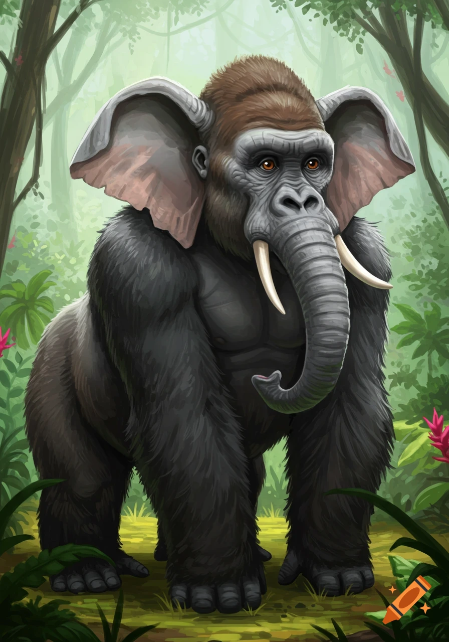Illustration of a hybrid gorilla-elephant creature standing in a lush ...