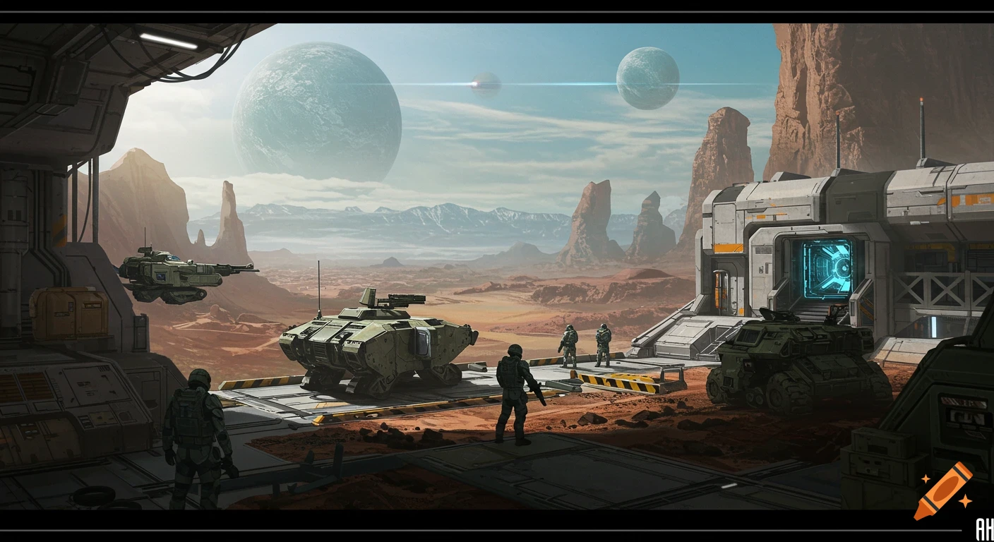 Sci-fi military base with vehicles, soldiers, and alien landscape under ...