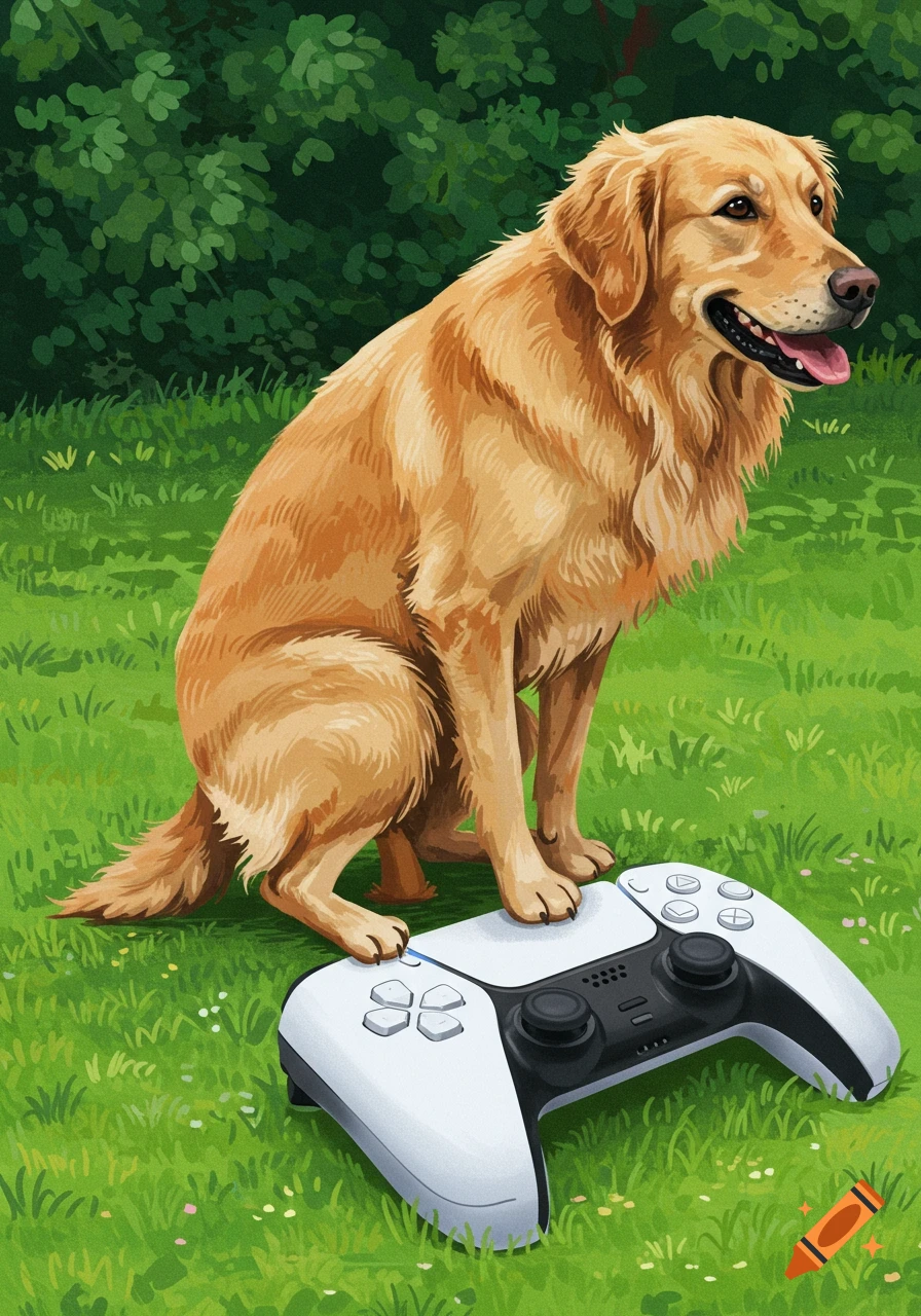 Illustration of a Golden Retriever dog sitting next to a PS5 controller ...