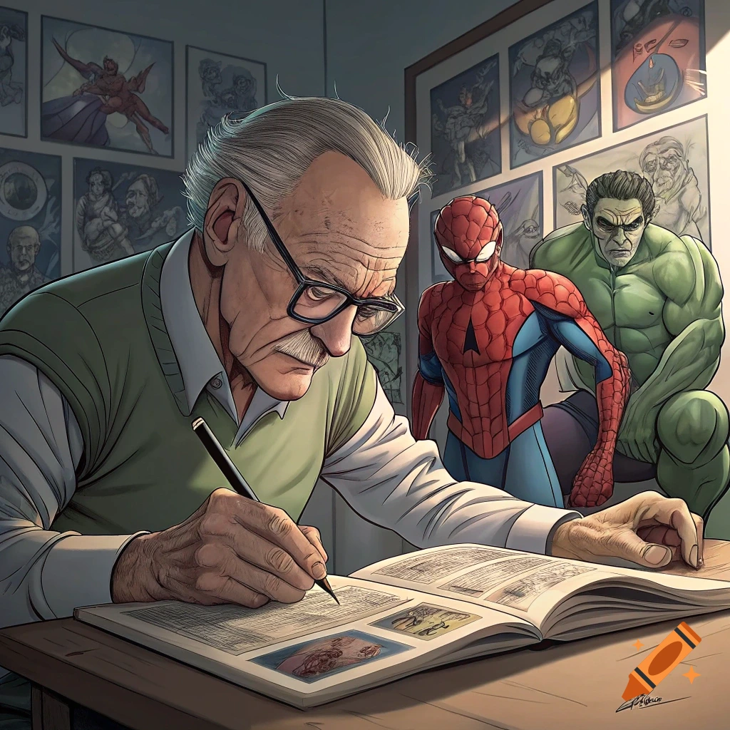 Stan Lee draws comic panels in a book with Spider-Man and Hulk behind him, comic art style. on ...