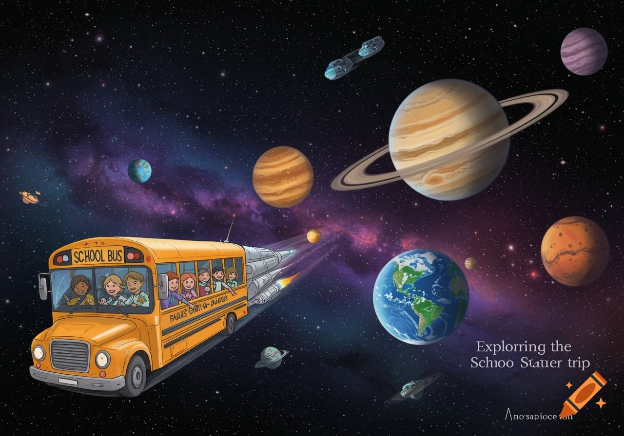 A futuristic school bus flies through space past planets carrying ...