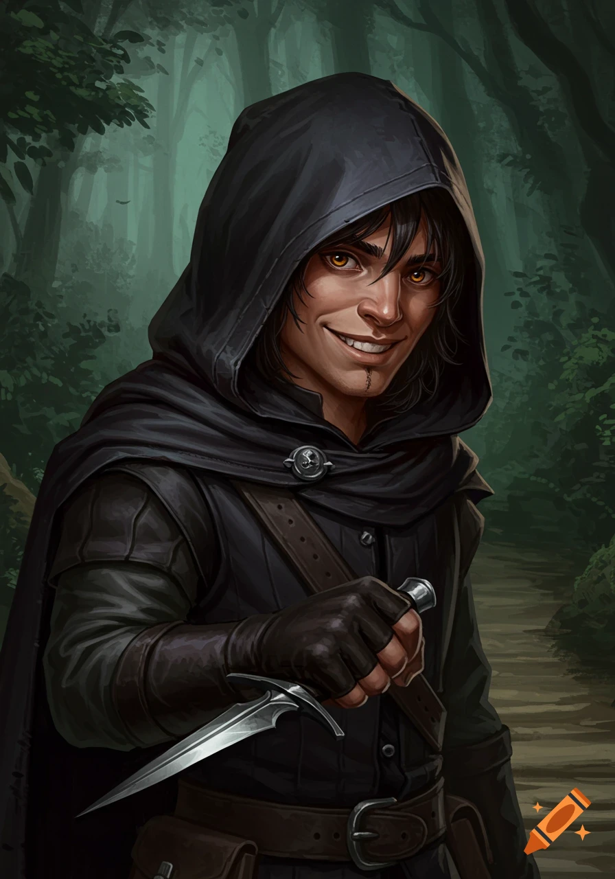 A hooded fantasy rogue character with a dagger in a forest. on Craiyon