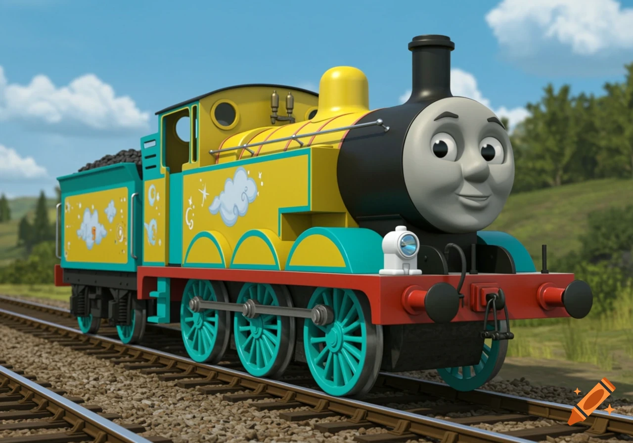 Cartoon train character with a yellow and teal body decorated with ...