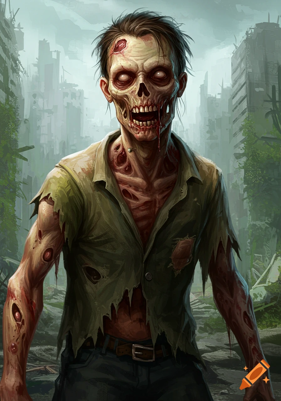 Illustration of a decaying zombie standing in a ruined city. on Craiyon