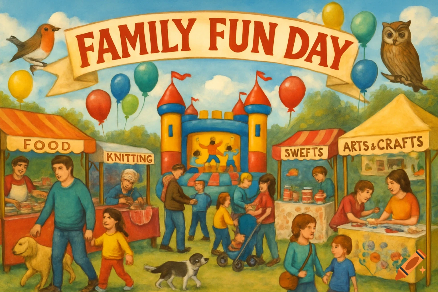 An illustration of a bustling family fun day with stalls, a bouncy ...