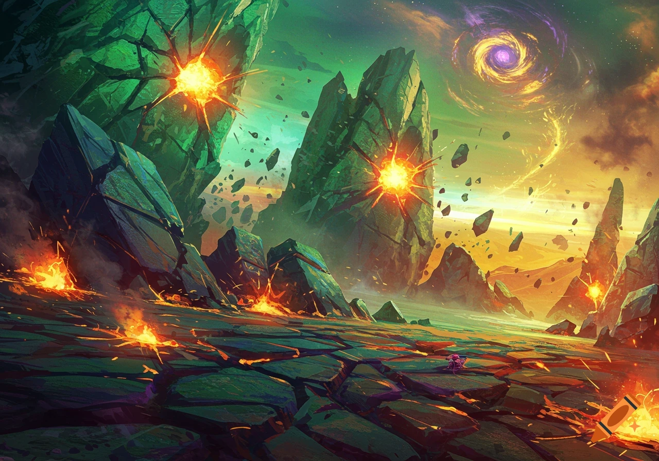 A chaotic fantasy landscape with shattered rock formations, explosions ...