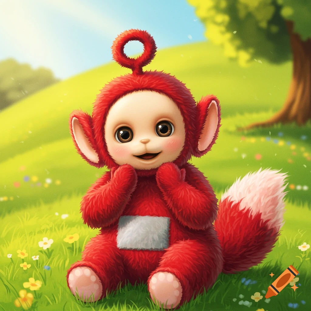 A red creature resembling a furry Teletubby with a fox tail sits in a ...