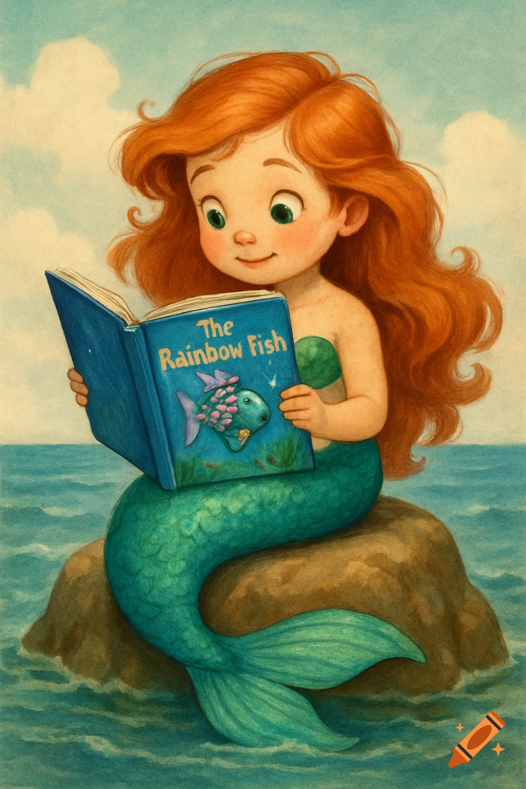 A cute illustration of a mermaid sitting on a rock reading "The Rainbow ...