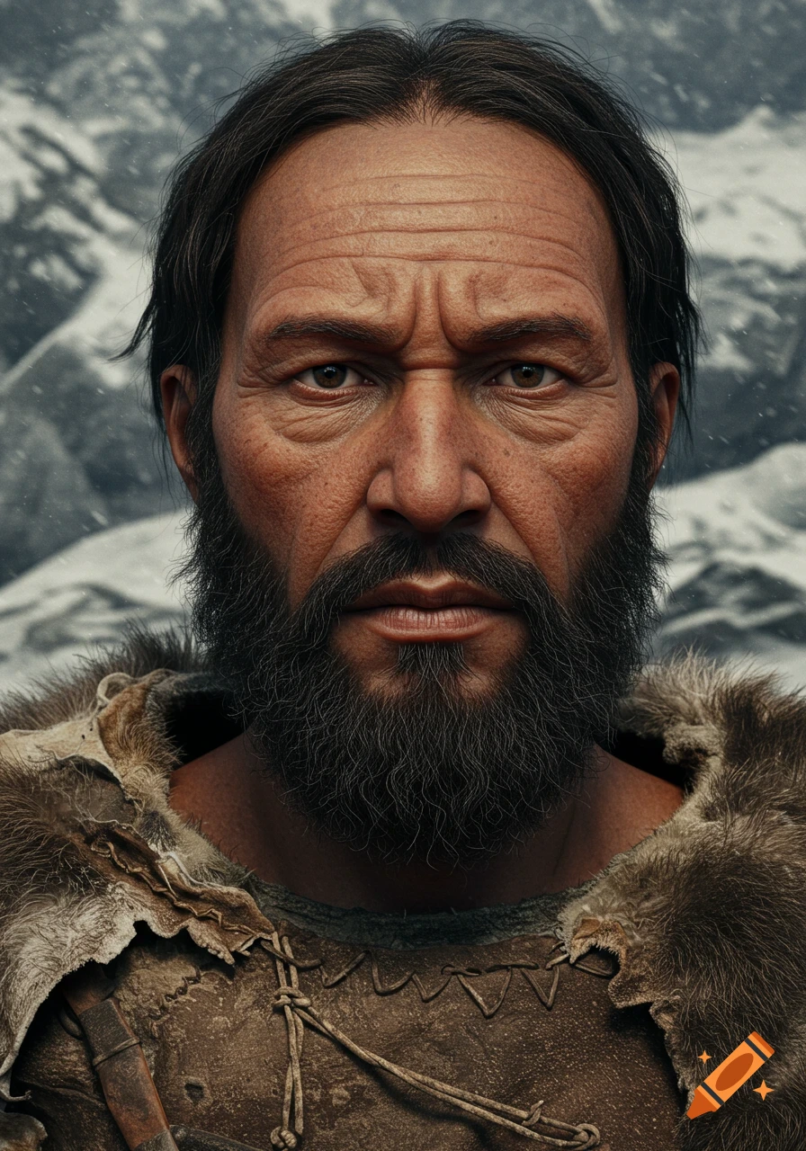 Detailed photorealistic portrait of Ötzi the Iceman, a prehistoric man ...