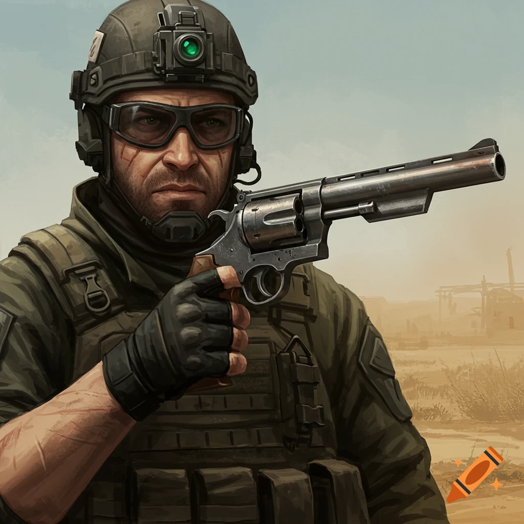 Illustration of a soldier in helmet and goggles holding a large ...