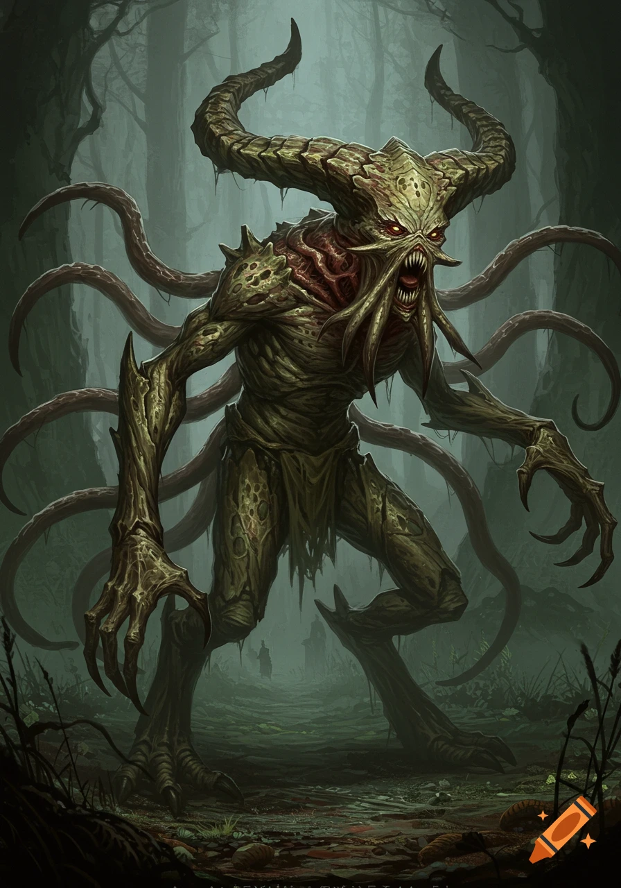 Fantasy art of a monstrous creature with horns and tentacles in a dark ...