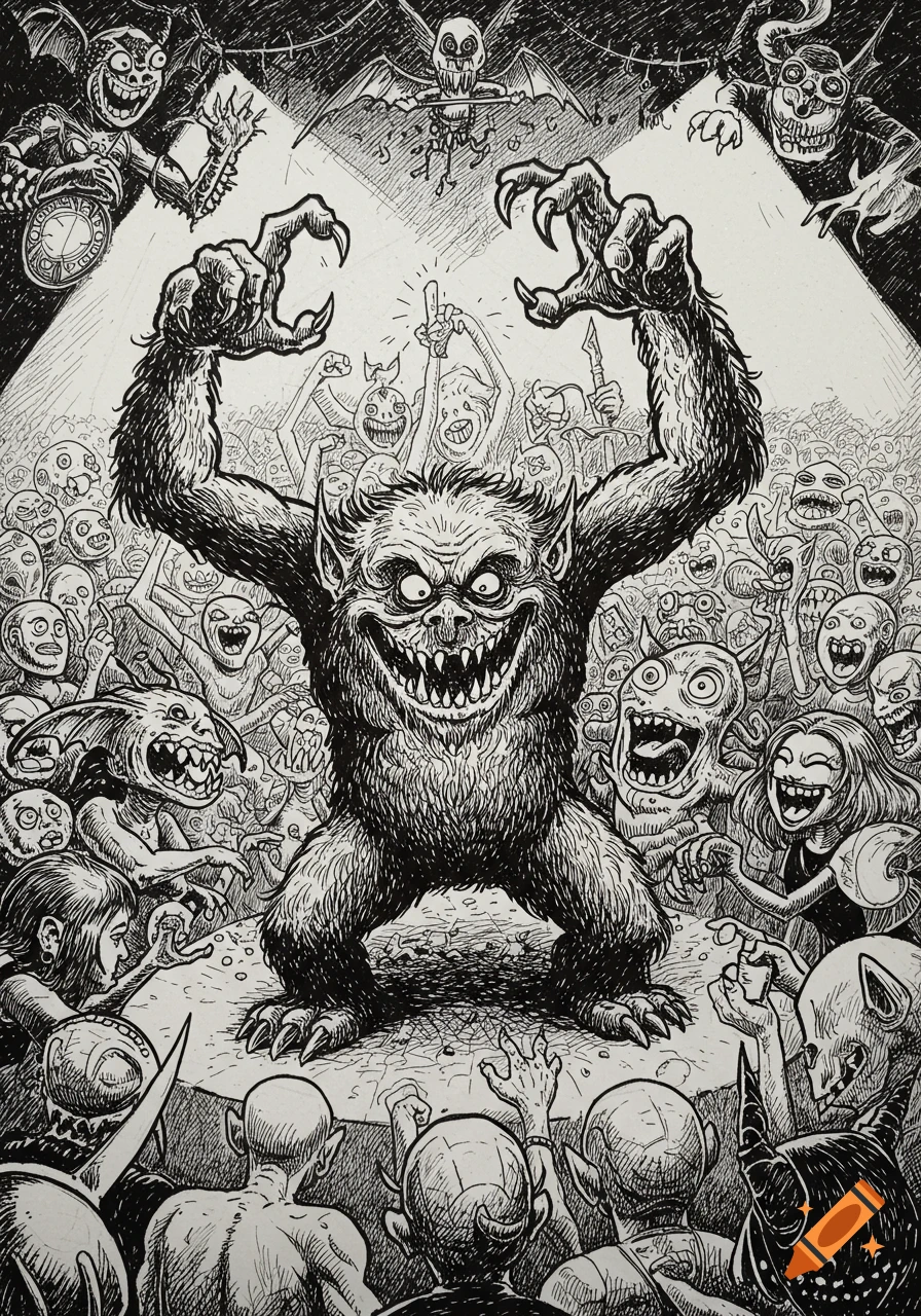 Hand-drawn illustration of a furry monster on a stage, raising its arms ...