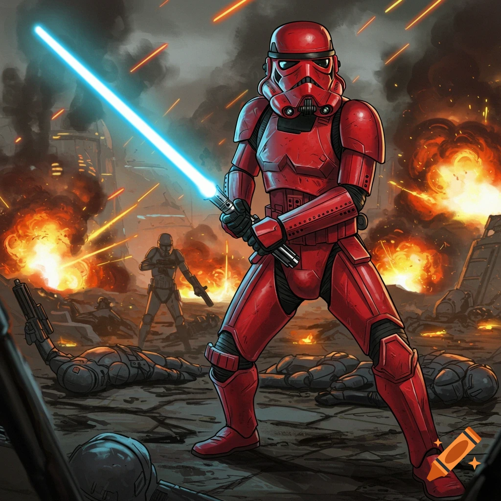 Red Stormtrooper with a lightsaber in a battle scene on Craiyon
