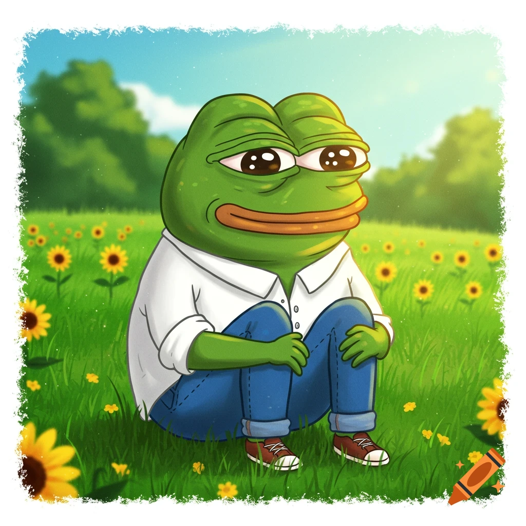 Cartoon illustration of Pepe the Frog sitting in a field of sunflowers ...