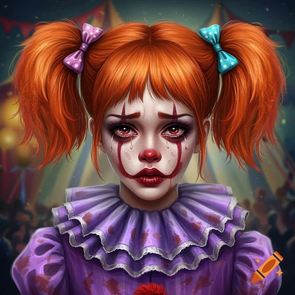 Realistic portrait of a crying clown girl with orange pigtails, heavy ...