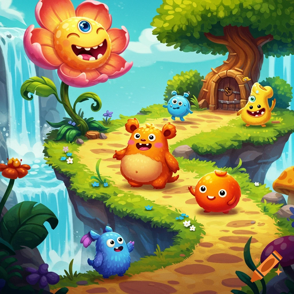 Cartoon monsters walk on a path past a waterfall and giant flower ...
