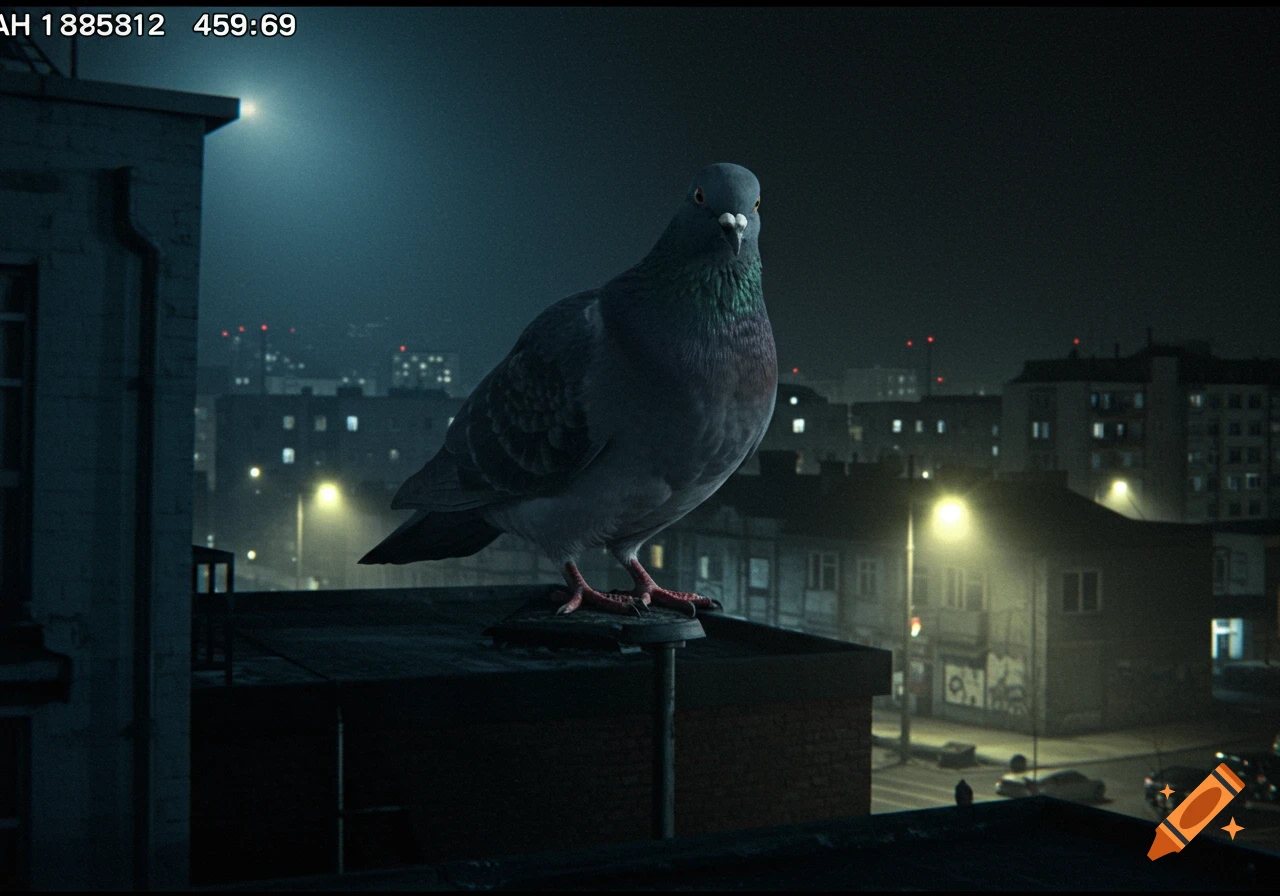 Giant pigeon stands on a rooftop overlooking a city at night. on Craiyon