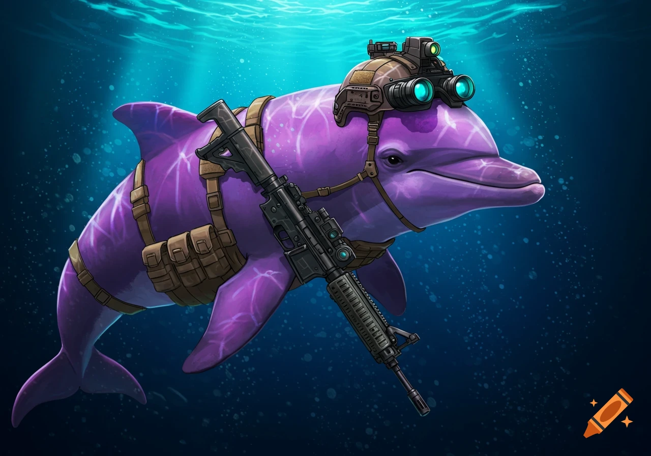 A purple dolphin underwater wearing tactical gear, a rifle, and night ...