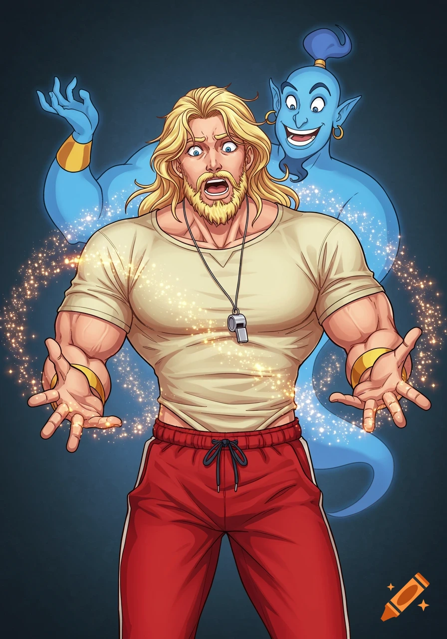 Anime style illustration of a shocked bodybuilder with a whistle around ...