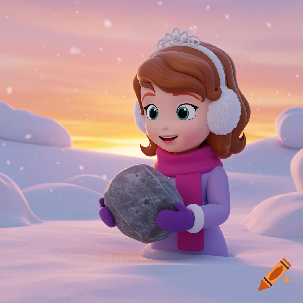 Cartoon Sofia the First holding a rock in a snowy field at sunset in 3D digital art on Craiyon