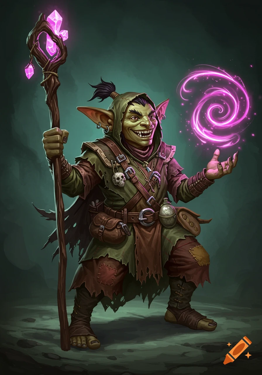 A mischievous fantasy hobgoblin mage in ragged clothes holding a staff and casting a swirling ...