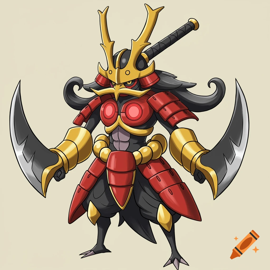 Illustration of Kingambit from Pokemon, a samurai-like creature in red ...