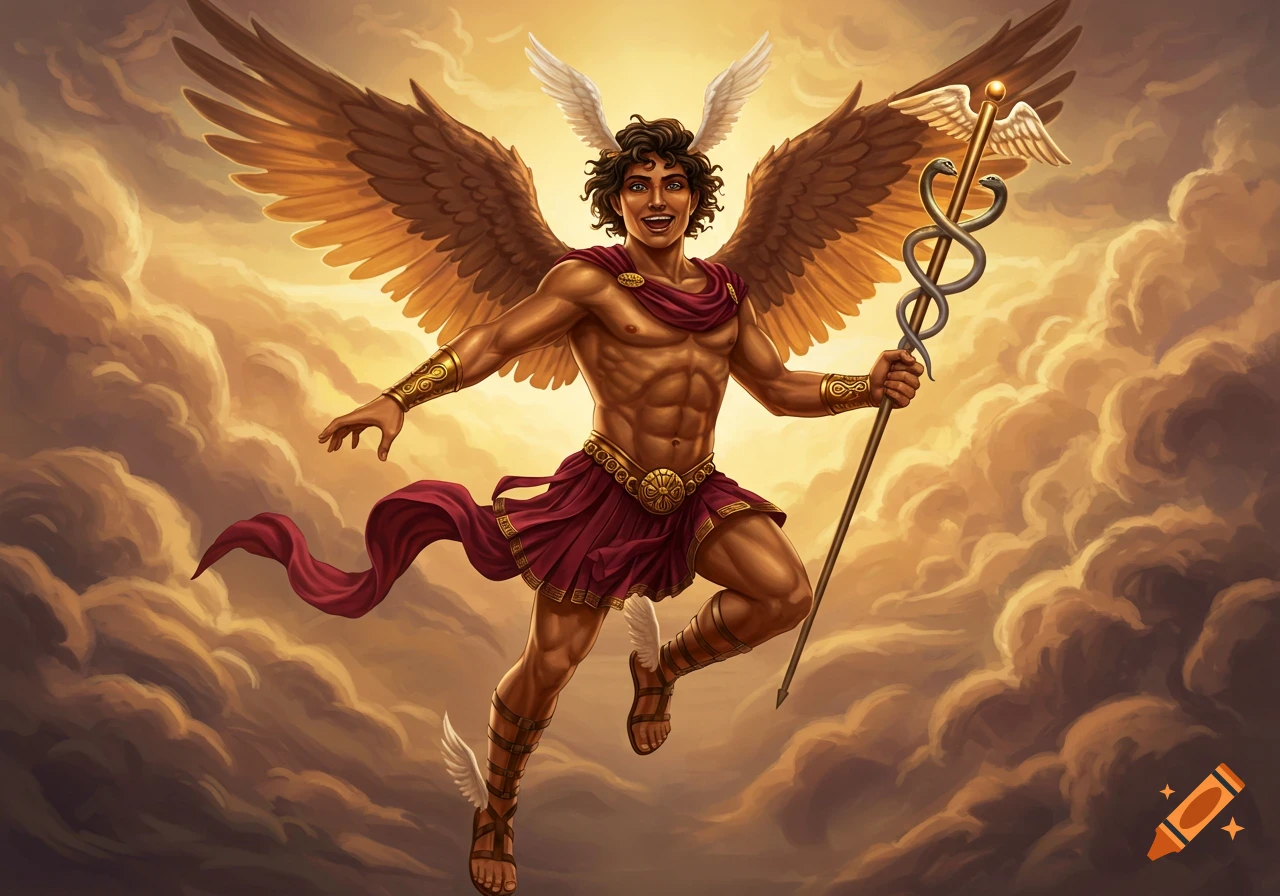 Mythological god with wings and staff flies through clouds, digital art ...