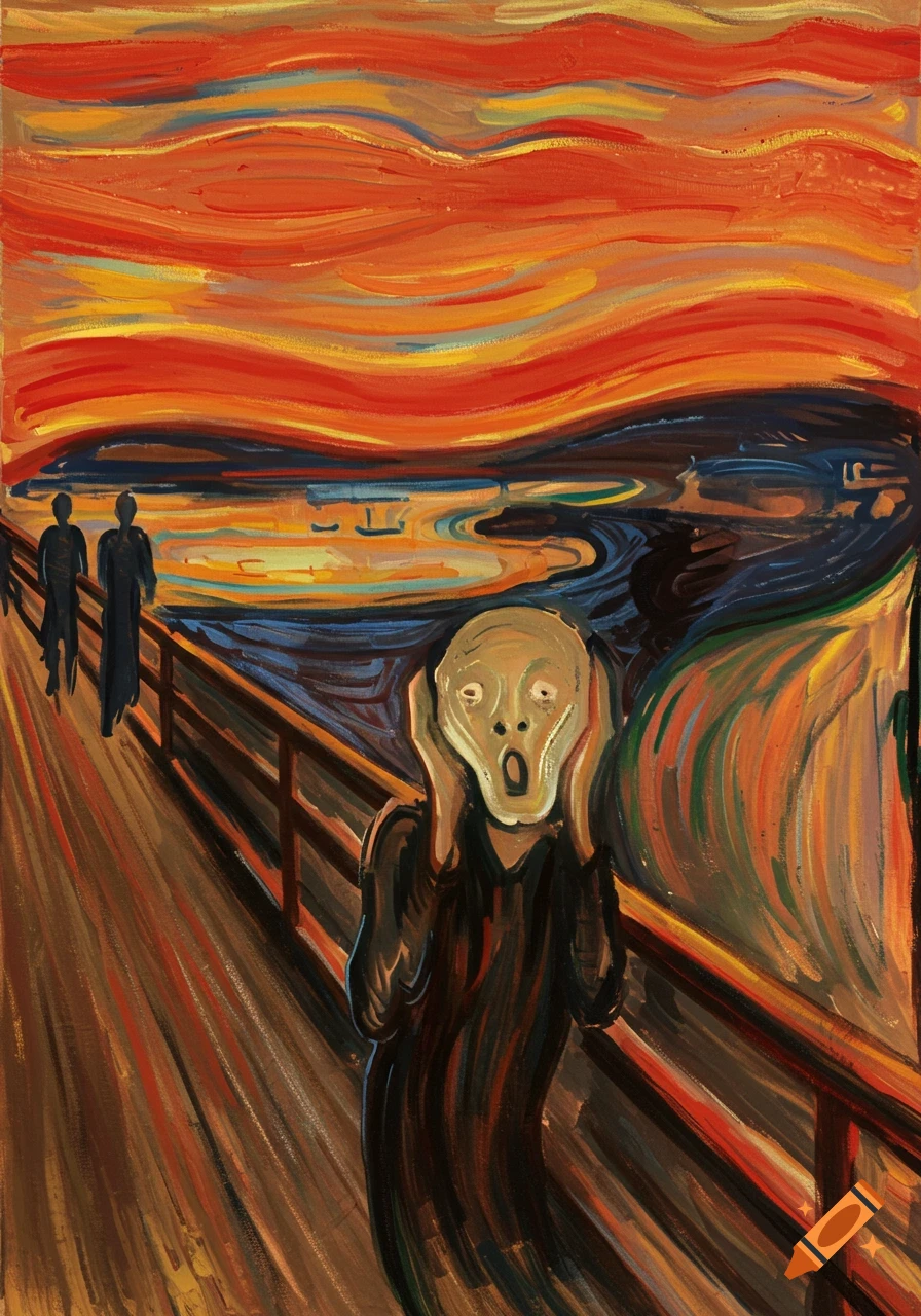 Expressionist painting of a figure screaming on a bridge with a fiery ...