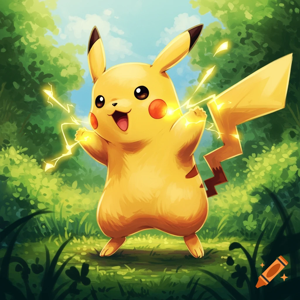 A happy Pikachu in a forest is using electric attacks. on Craiyon