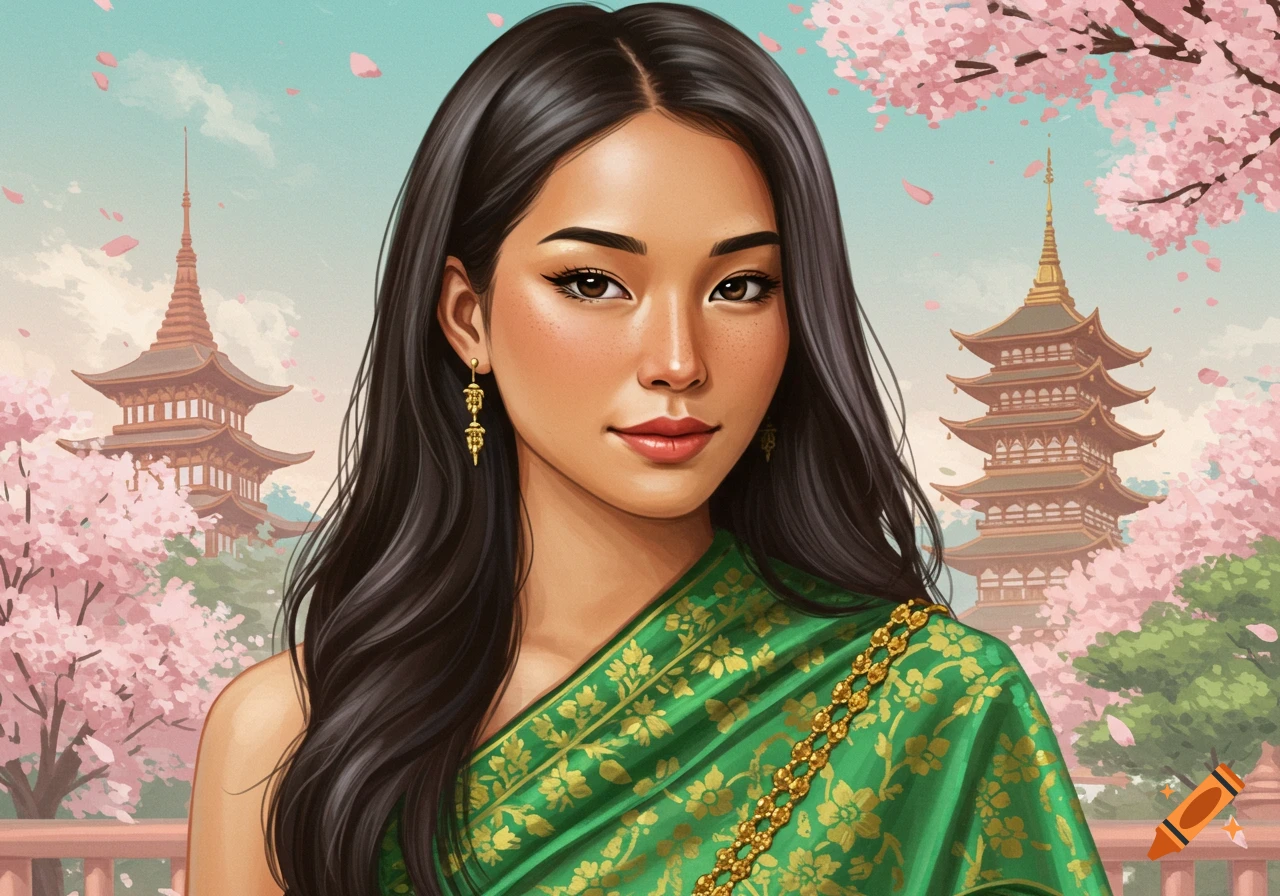 Portrait of a woman in traditional green dress against a backdrop of ...