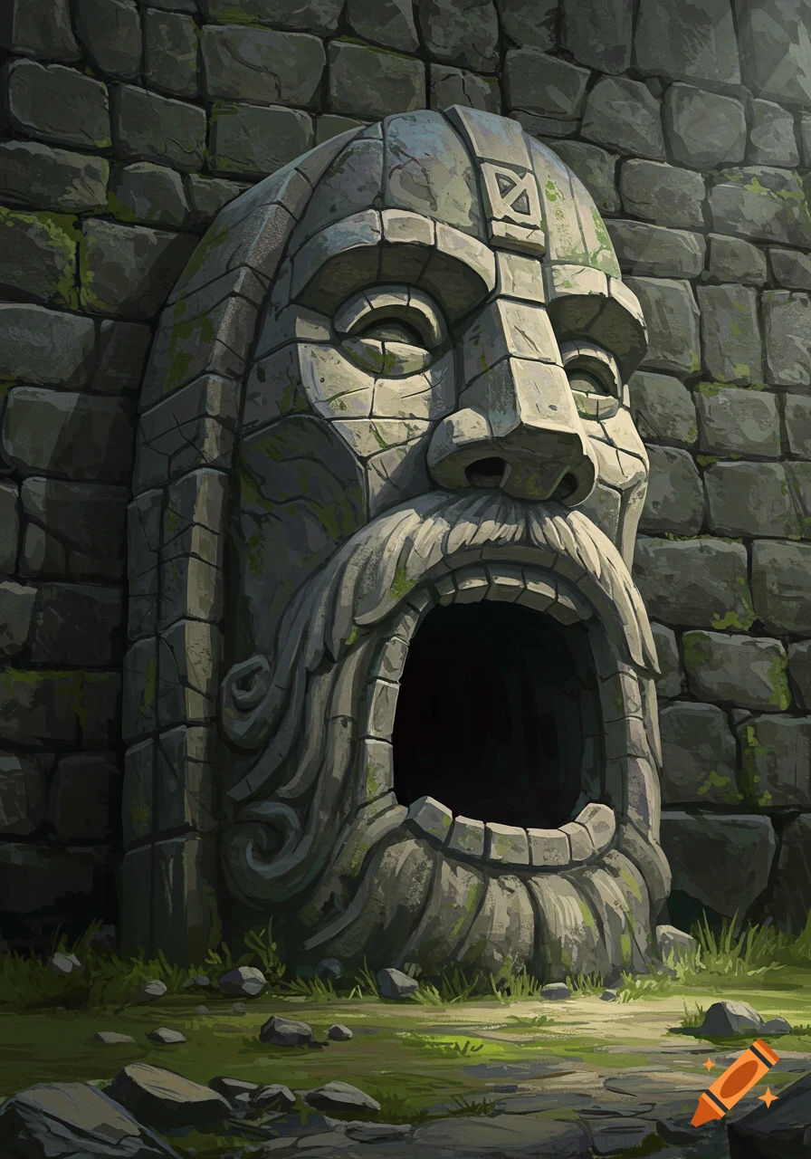 Ancient stone face statue carved into a wall with an open mouth. on Craiyon