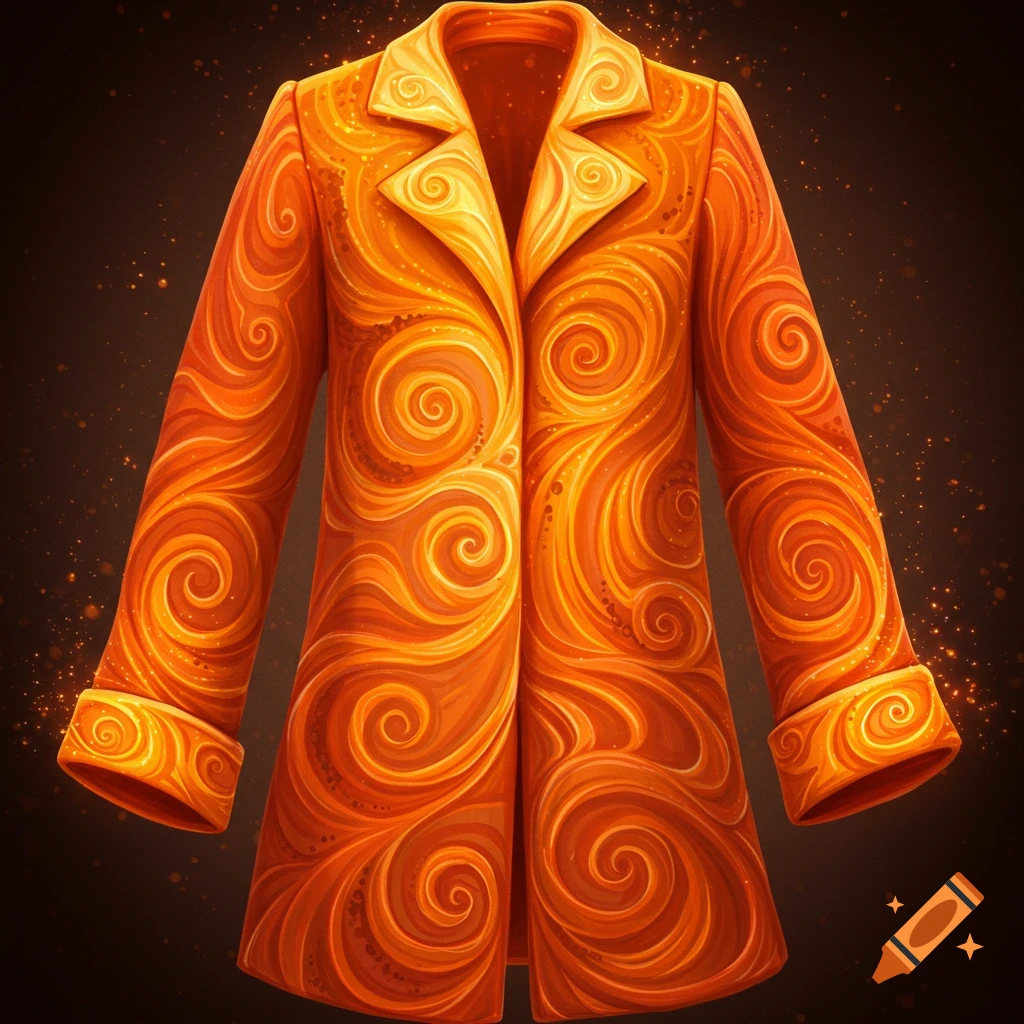 A magical orange coat with a swirling, glowing pattern. on Craiyon