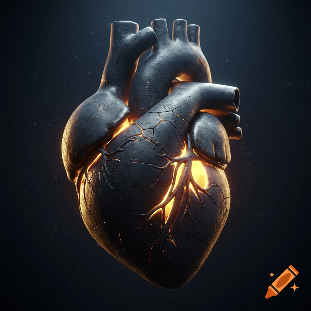 A dark, damaged human heart with glowing cracks in a photorealistic ...