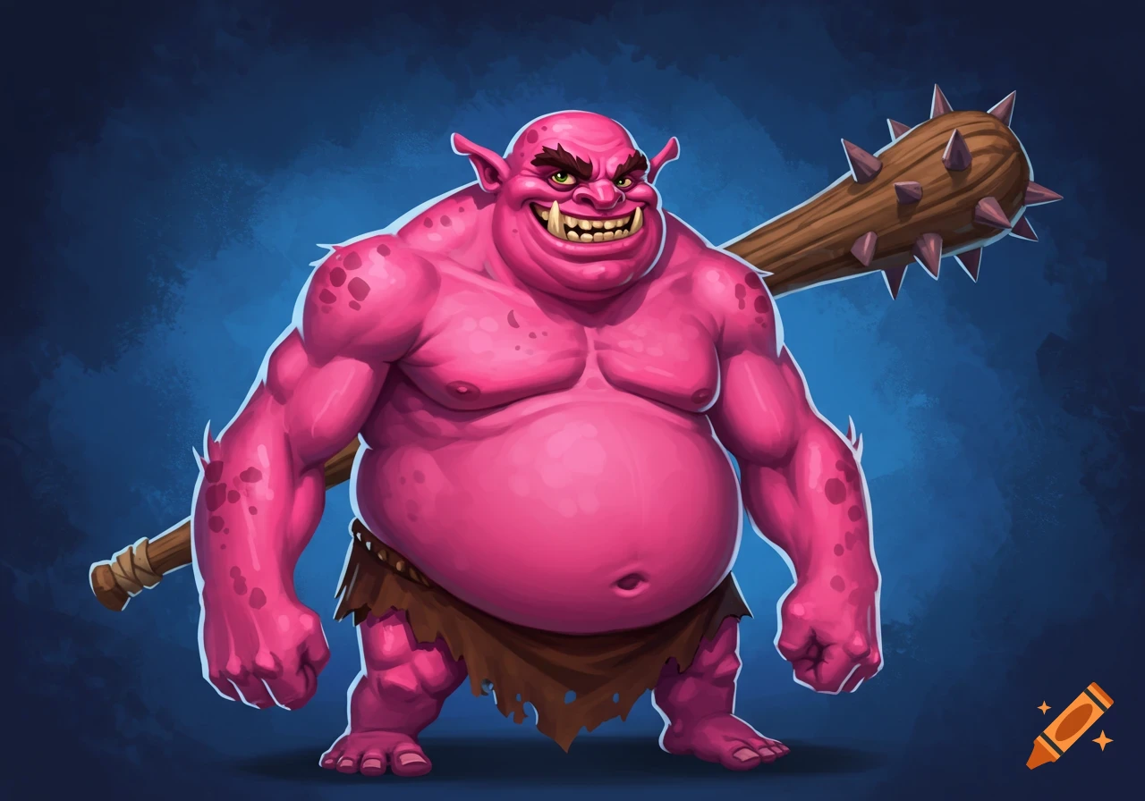 A cartoon pink ogre with a large club stands on a blue background. on ...