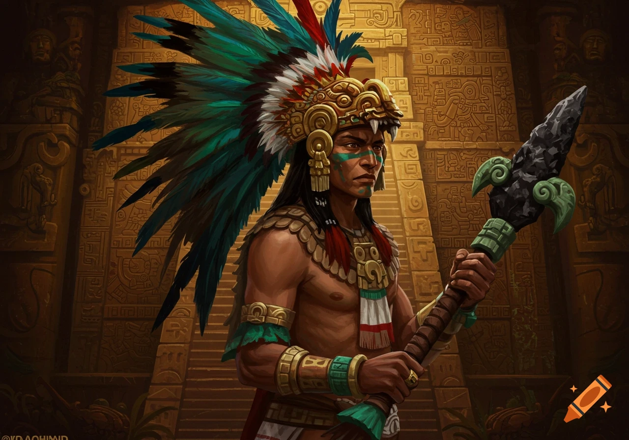 Aztec warrior in feathered headdress and war paint holding a weapon ...