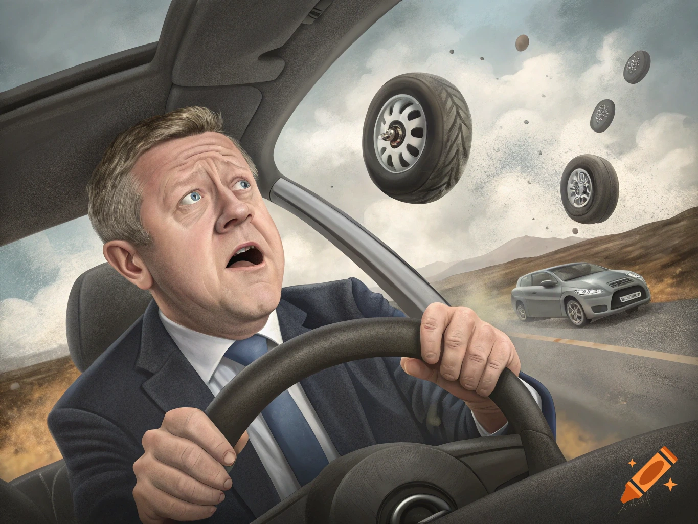 Stylized painting of a man shocked as his car's wheels fly off while ...