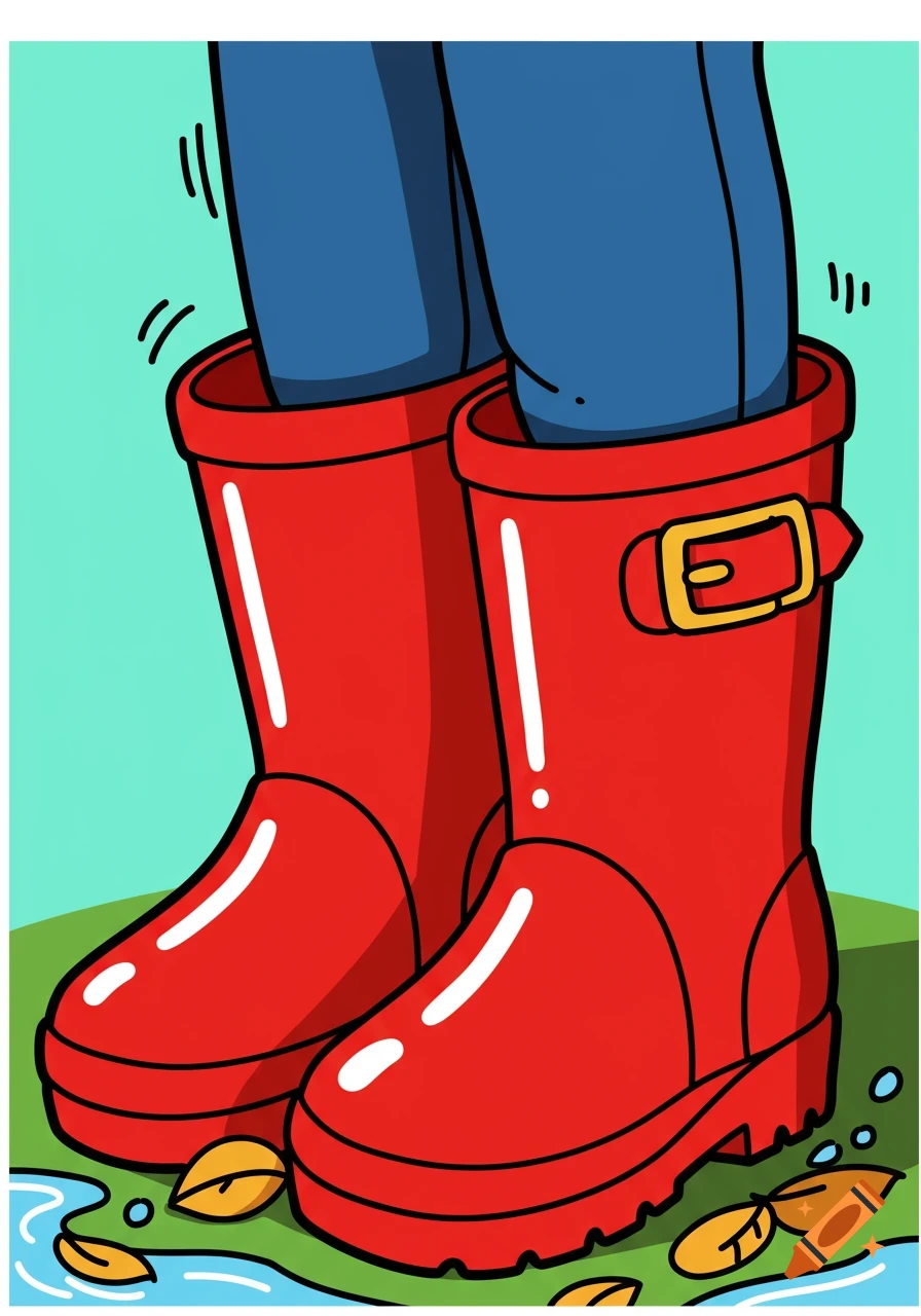 Cartoon red wellington boots splashing in water with autumn leaves on ...