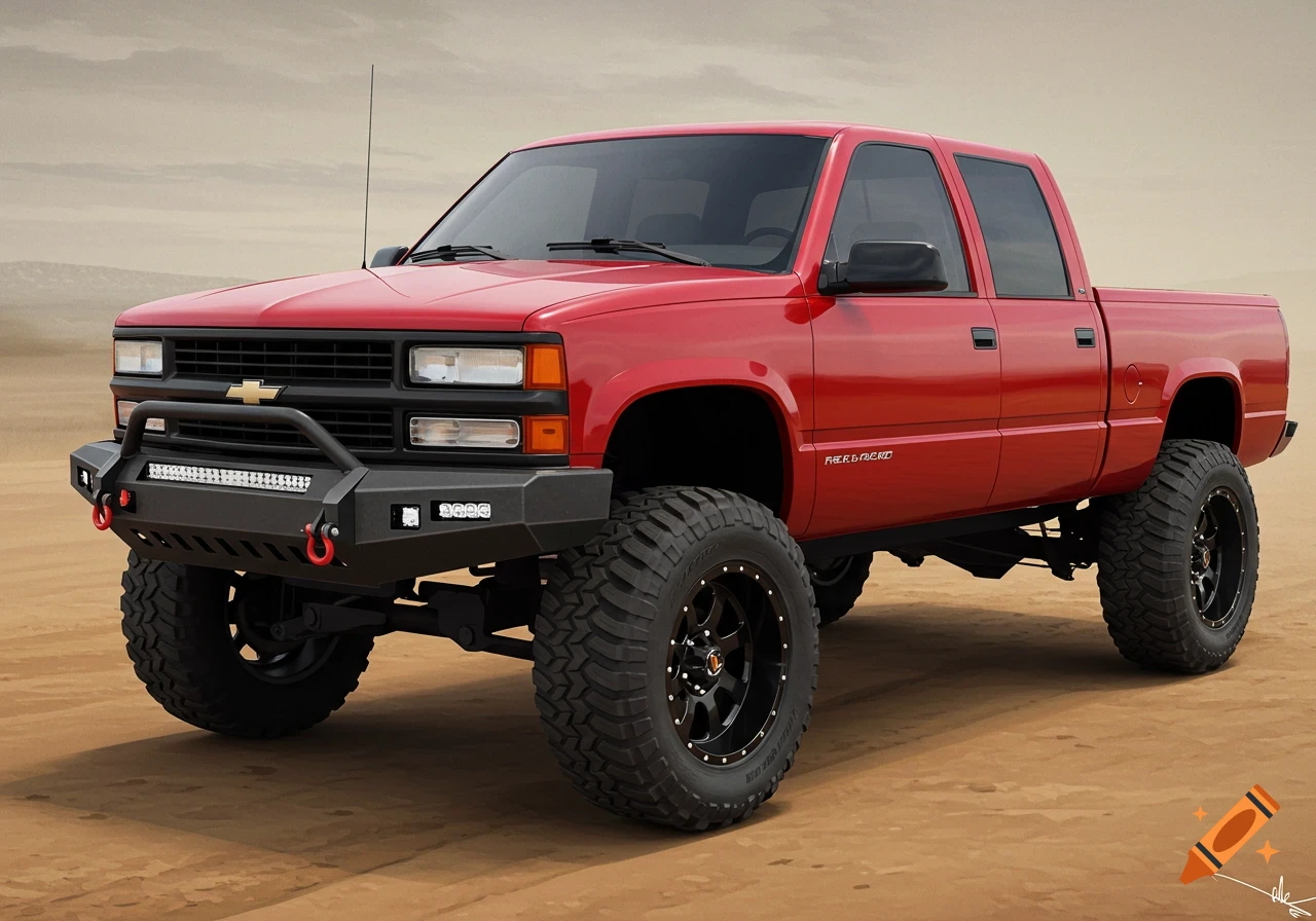 A lifted red 1999 Chevy Silverado 2500 truck with aftermarket bumpers ...