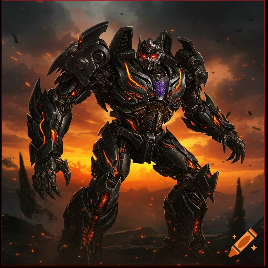 A black and gray robot transformer with red eyes stands in a fiery ...