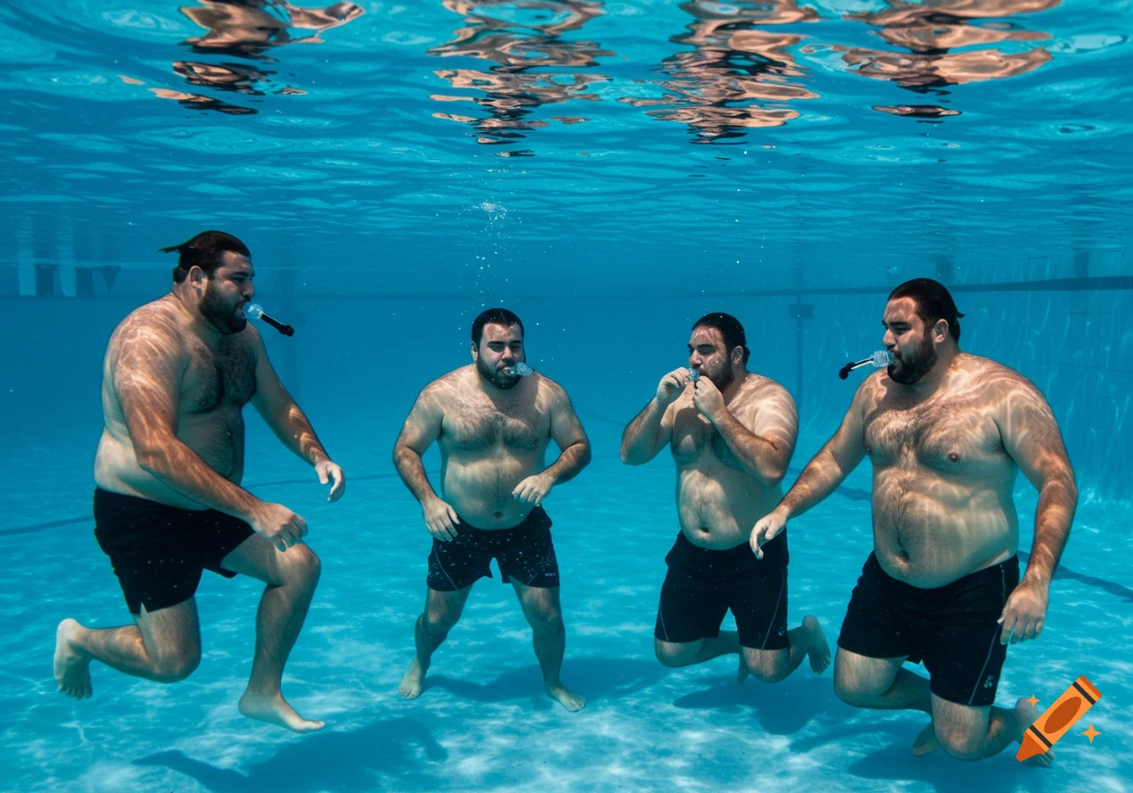 Four large men underwater in a pool, holding their breath. on Craiyon