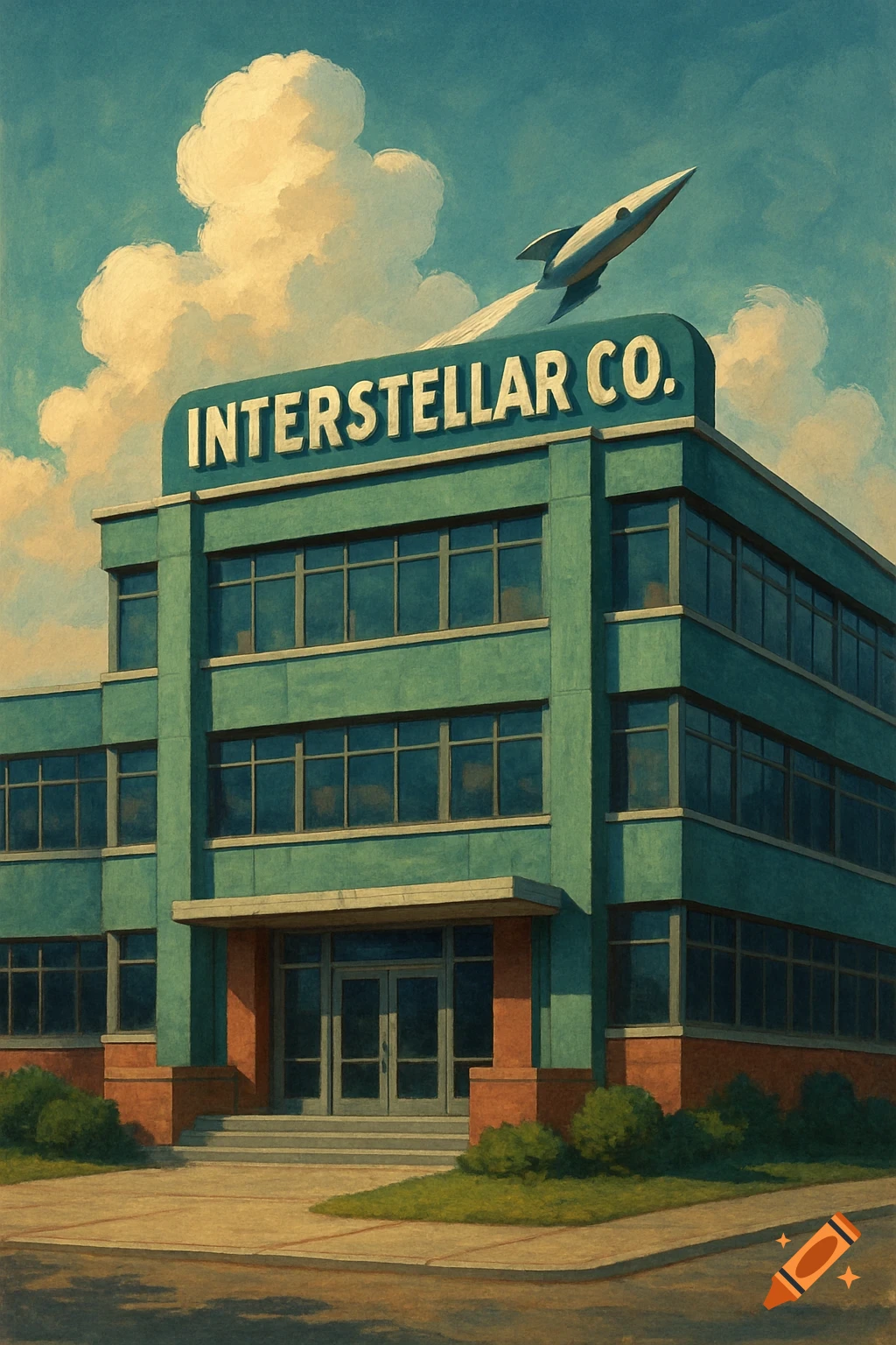 A painting of a teal building with 'INTERSTELLAR CO.' on top and a ...