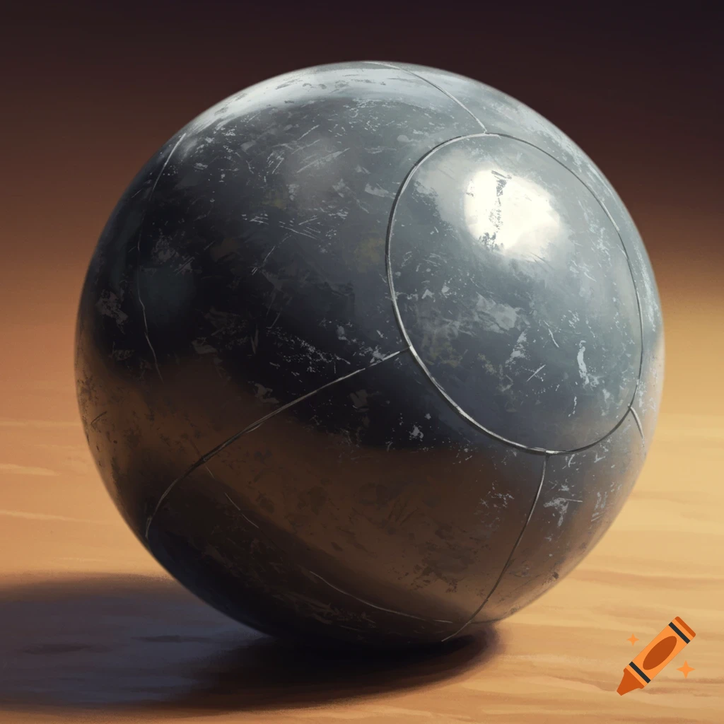 A metallic sphere with panel lines and scratches sits on a wooden ...