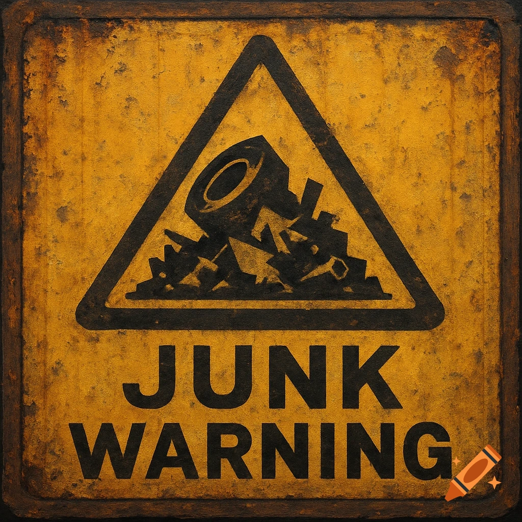 Grunge warning sign with symbol of debris and text JUNK WARNING. on Craiyon