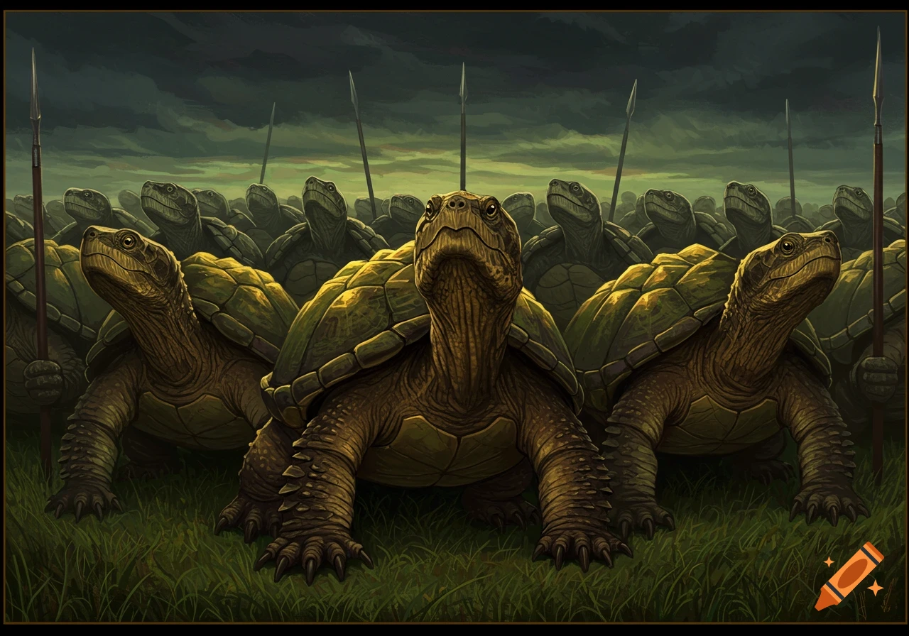 Epic illustration of an army of turtle soldiers holding spears in a ...