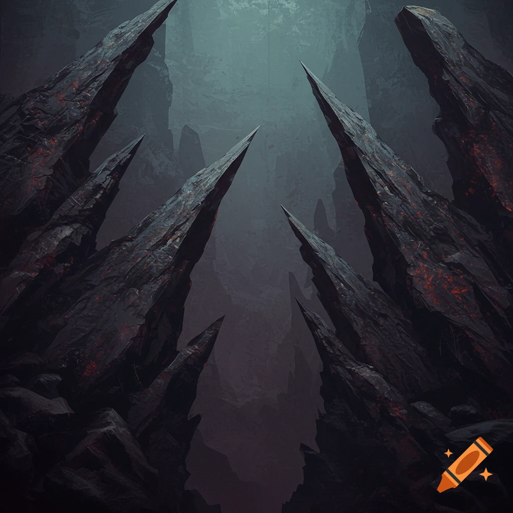 Dark, jagged rock formations tower in a misty, foreboding landscape. on ...