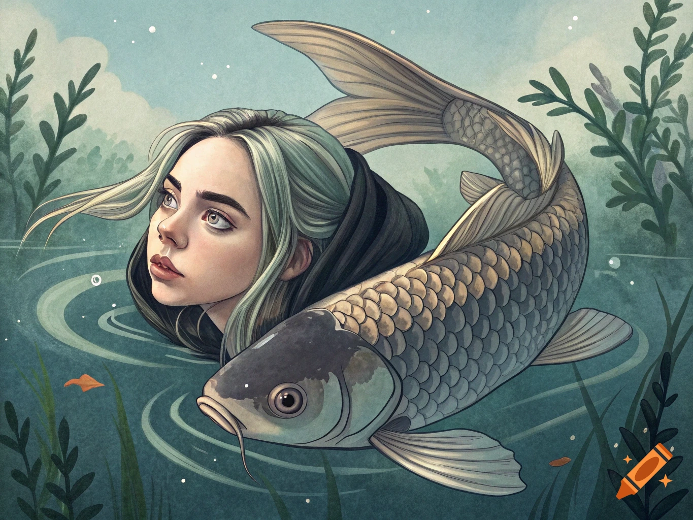 Artistic illustration of a woman's head attached to a large carp fish ...