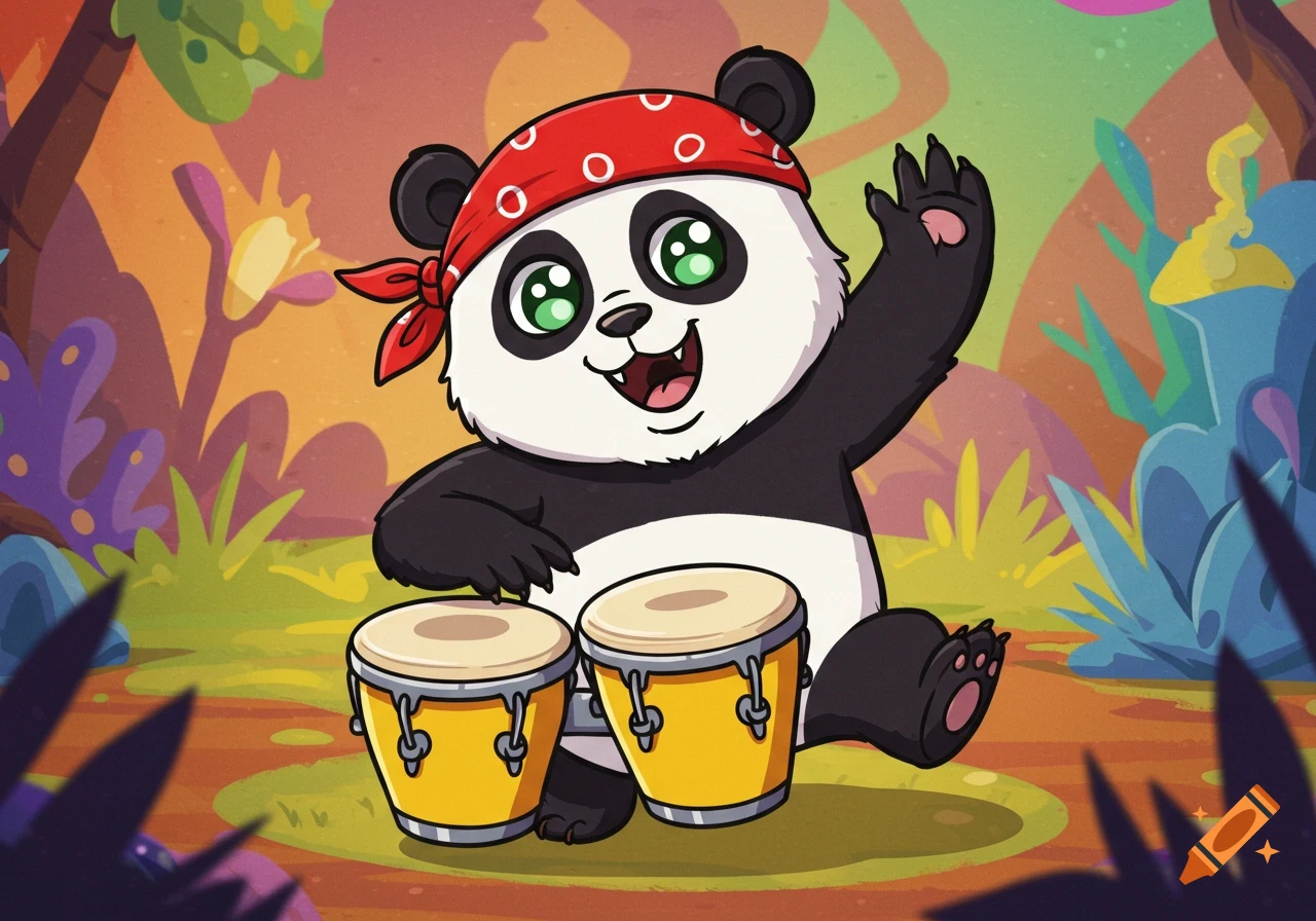 A cartoon panda wearing a red bandana plays the bongos. on Craiyon