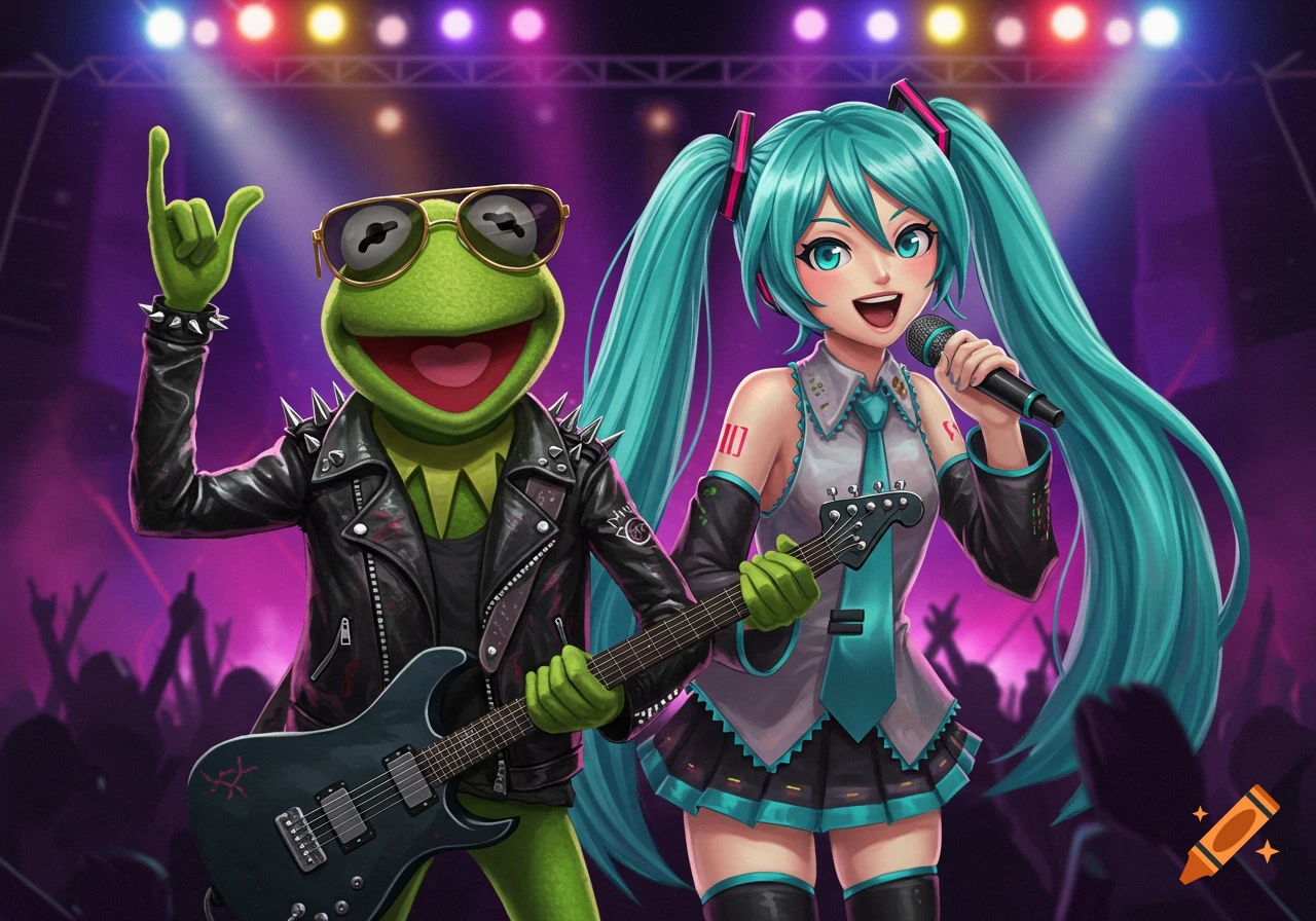 Kermit the Frog in a leather jacket and Hatsune Miku rock out on stage ...