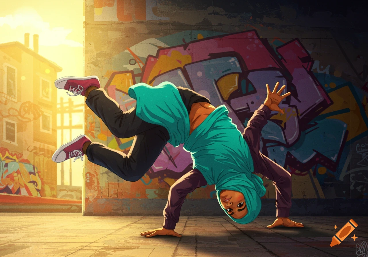 Teenage girl in a hijab breakdancing in front of colorful graffiti in ...