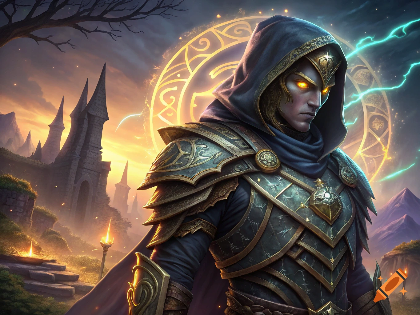 A fantasy character in a dark hooded robe and ornate armor with glowing ...